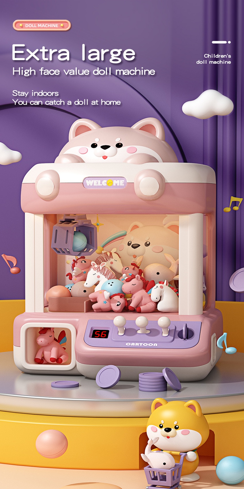 [Qilemeng] Large Claw Machine Children Mini Doll Machine Toy Claw Doll ...