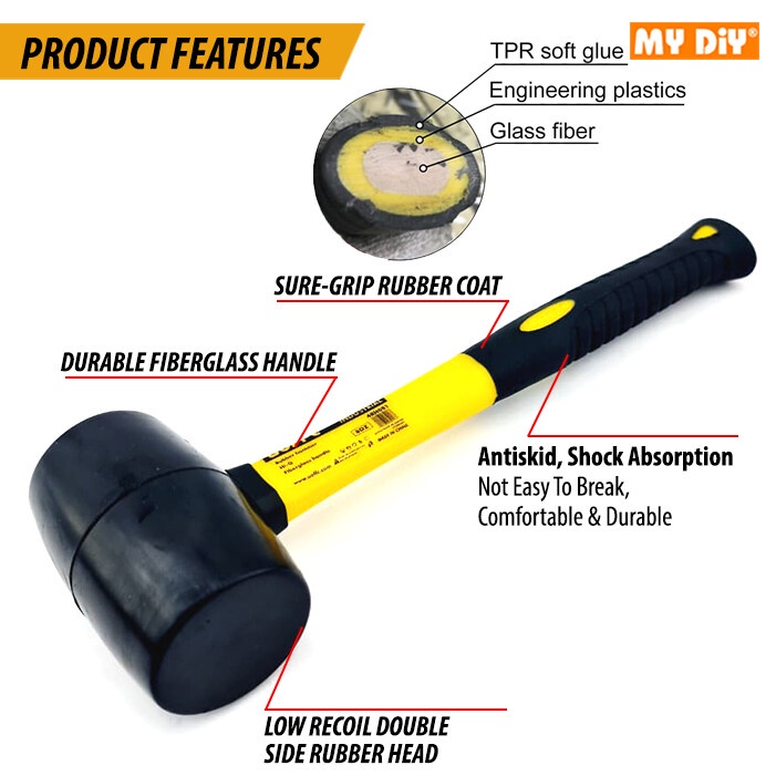 MYDIYHOMEDEPOT - UOFFC 8OZ 12OZ 16OZ Rubber Mallet Hammer Fiberglass ...