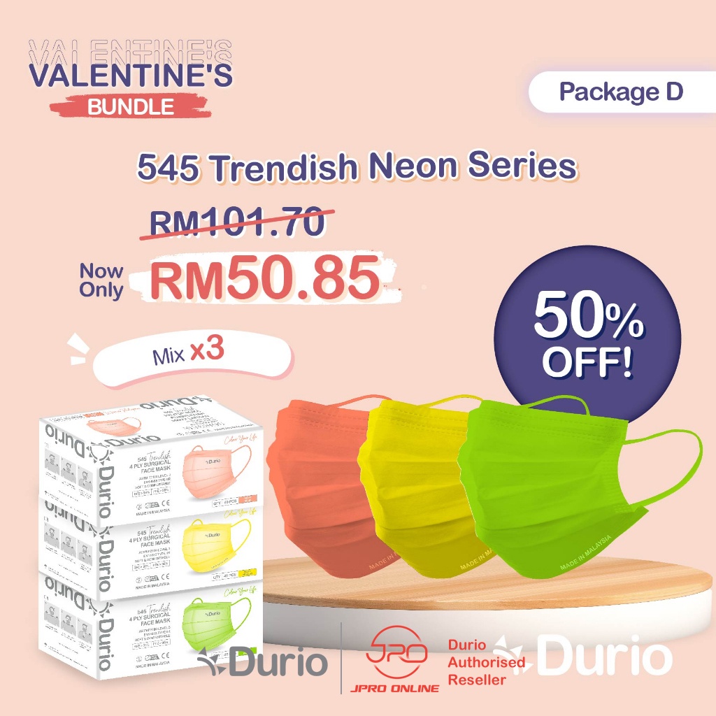 [BUNDLE OF 3 BOXES] Durio 545 Trendish Neon 4 Ply Surgical Face Mask ...