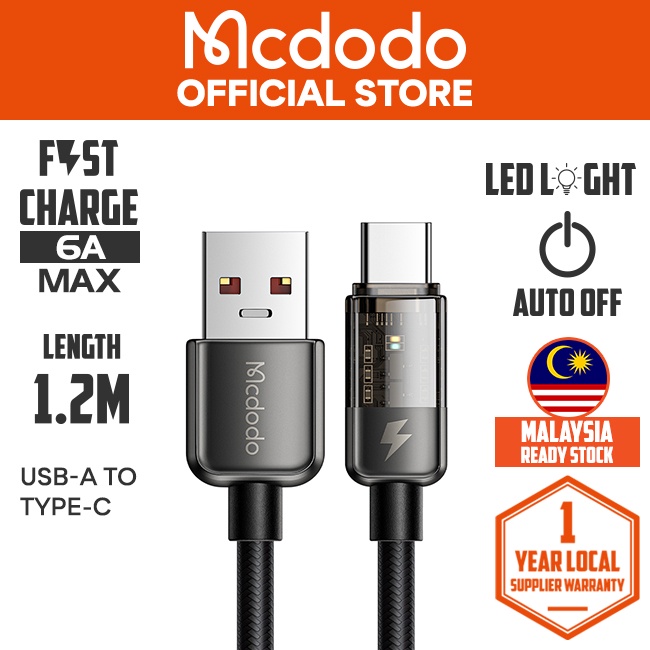 MCDODO CA315 Auto Power Off 6A Type-C Super Charge Transparent Data Cable 1.2m | Shopee Malaysia