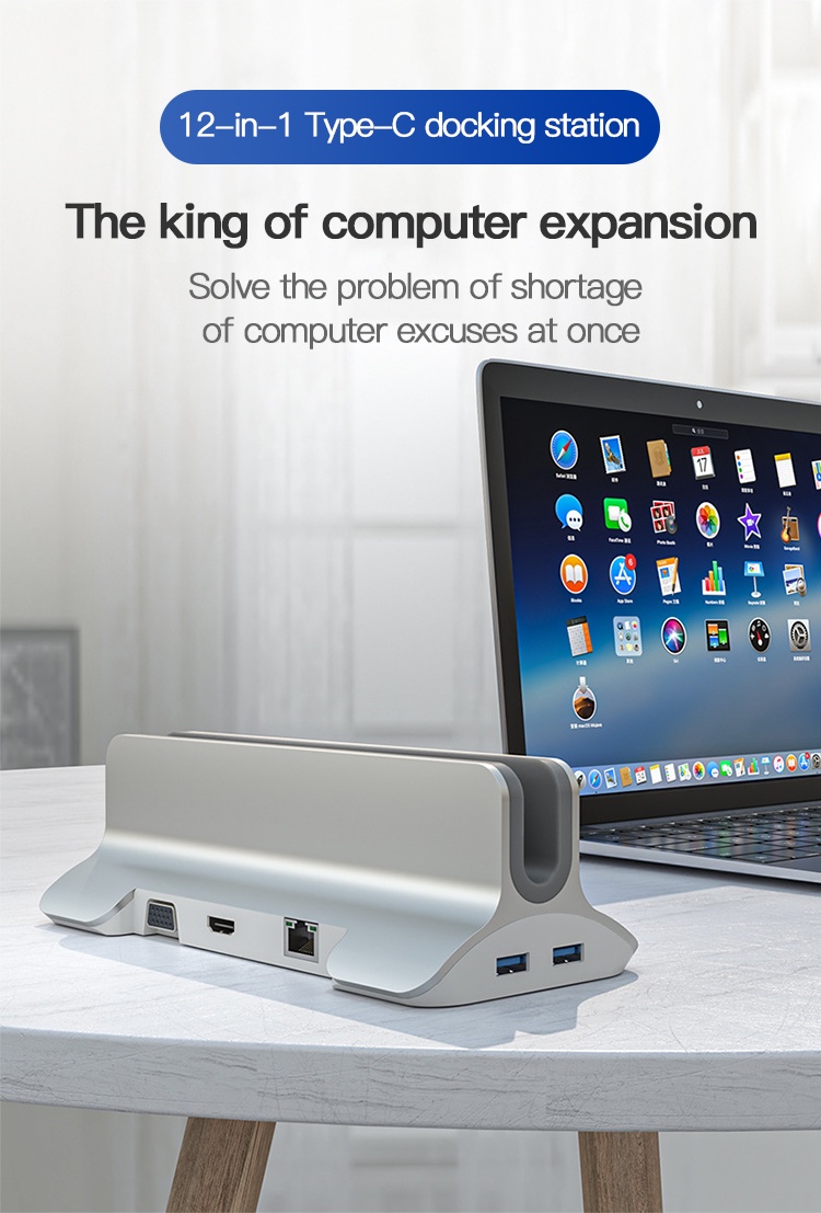 12 In 1 USB C HUB Vertical Laptop Stand HDMI-compatible 4K HD with VGA ...