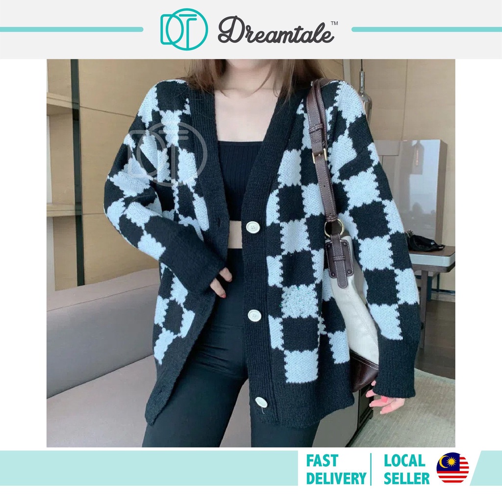 Dreamtale Women Clothing Checkers Knit Cardigan Oversized Women ...
