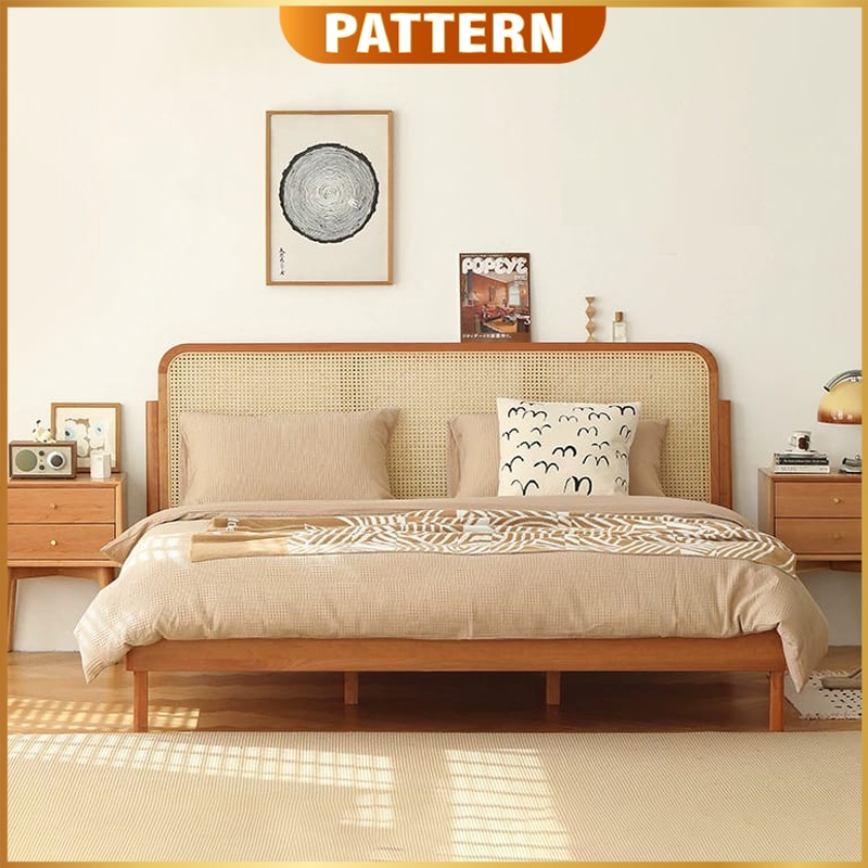 Nordic Solid Wood Rattan | Rattan Bed Cherry Wood | Rattan Double Bed ...