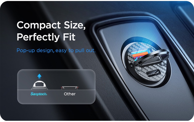 Sanptoch Mini Invisible Car Charger Adapter 60W Fast Charging USB Type C PD30W + QC3.0 Dual Port ...