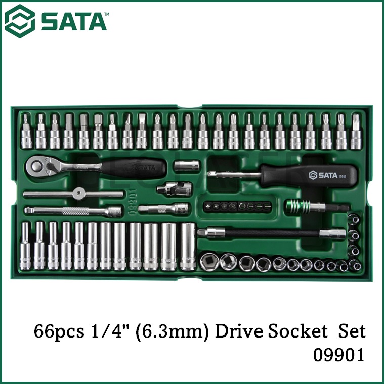 Sata 09901 66pcs 1/4" (6.3mm) Drive Socket Tray Set With Ratchet and ...