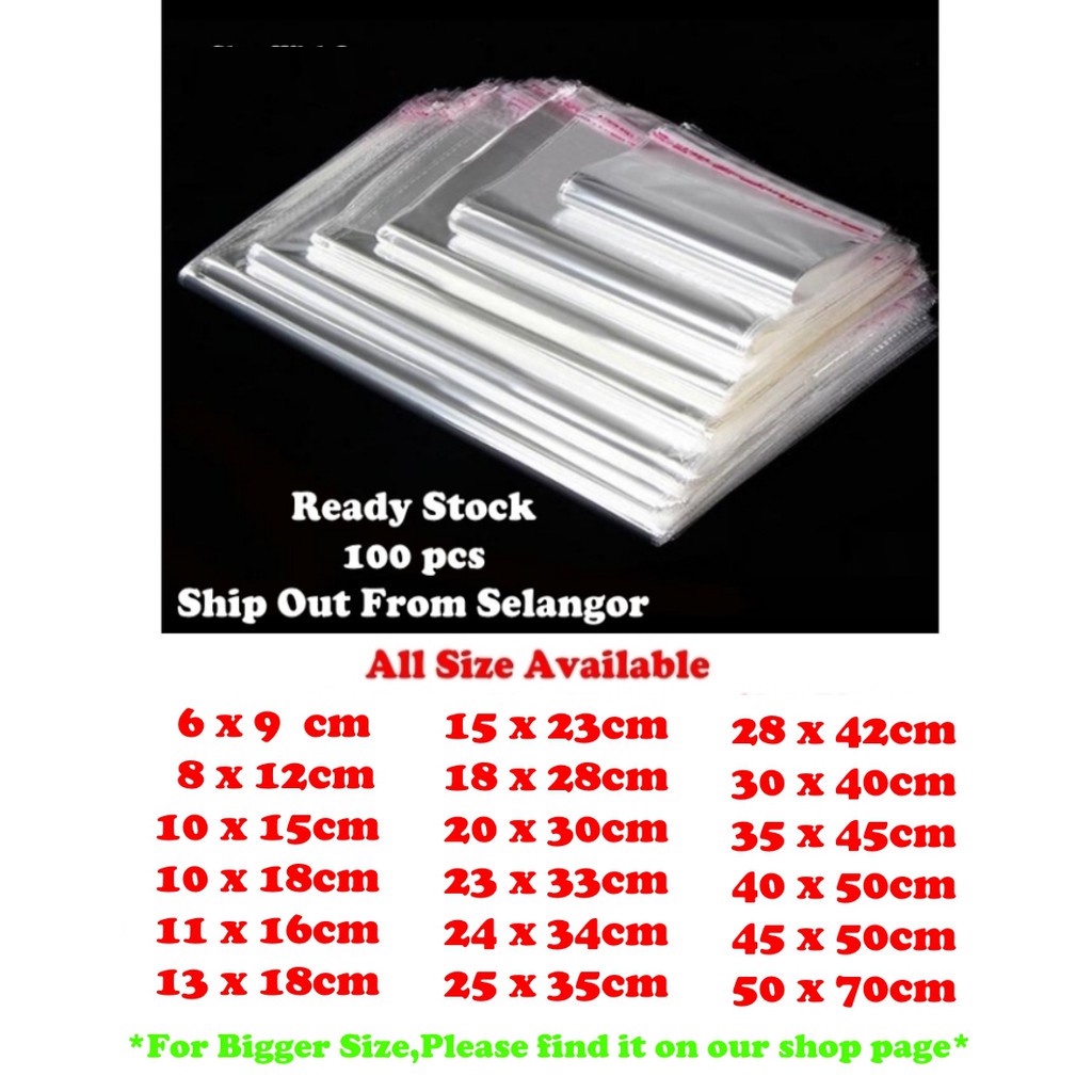 【SalesWithJoy】100 pcs Self Adhesive Transparent OPP Plastic Bag Plastik ...