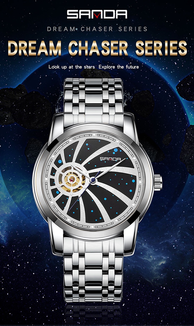 SANDA Official Star Sky Fully Automatic Mechanical Steel Band Watch Men ...