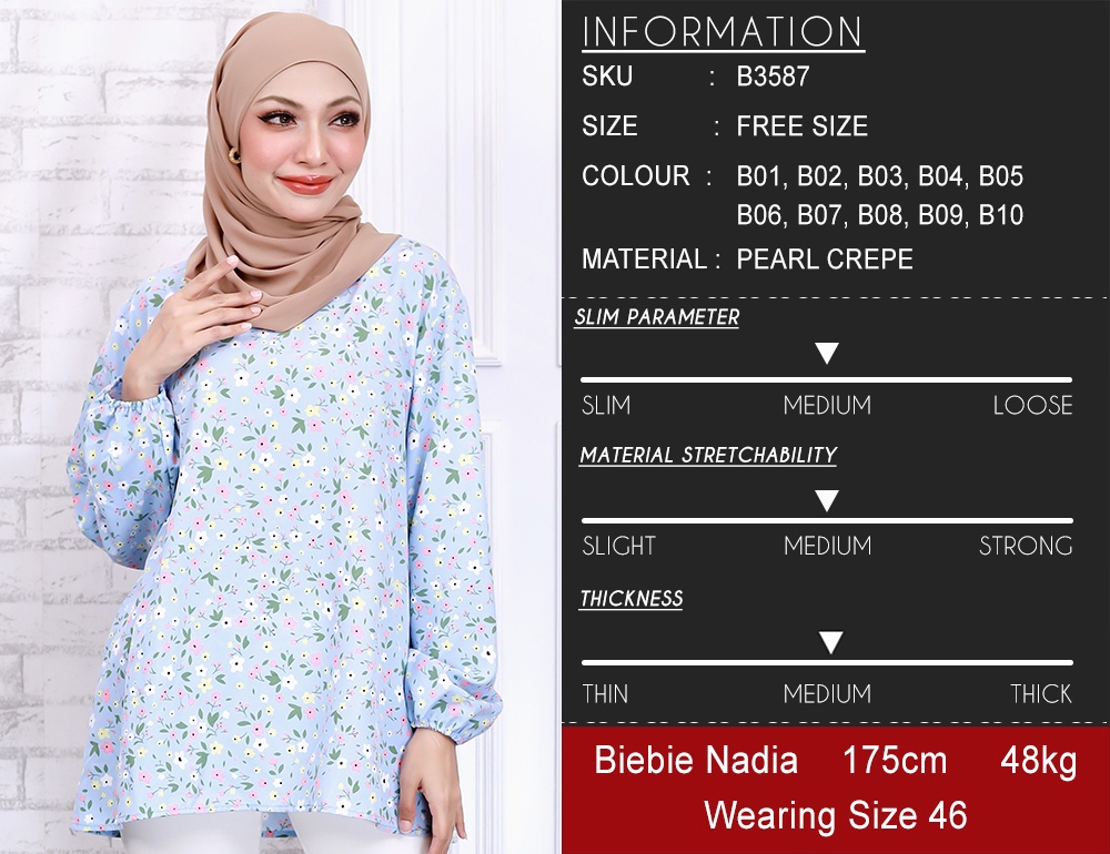 KM Floral Blouse Ironless Anna Baju Blouse Bunga Muslimah [B3587 ...
