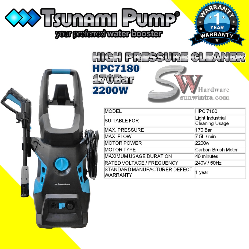 Tsunami HPC7180 170 Bar 2200W 7.5L/Min High Pressure Cleaner WaterJet ...