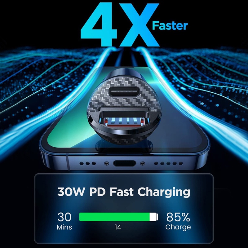 Sanptoch Mini Invisible Car Charger Adapter 60W Fast Charging USB Type C PD30W + QC3.0 Dual Port ...