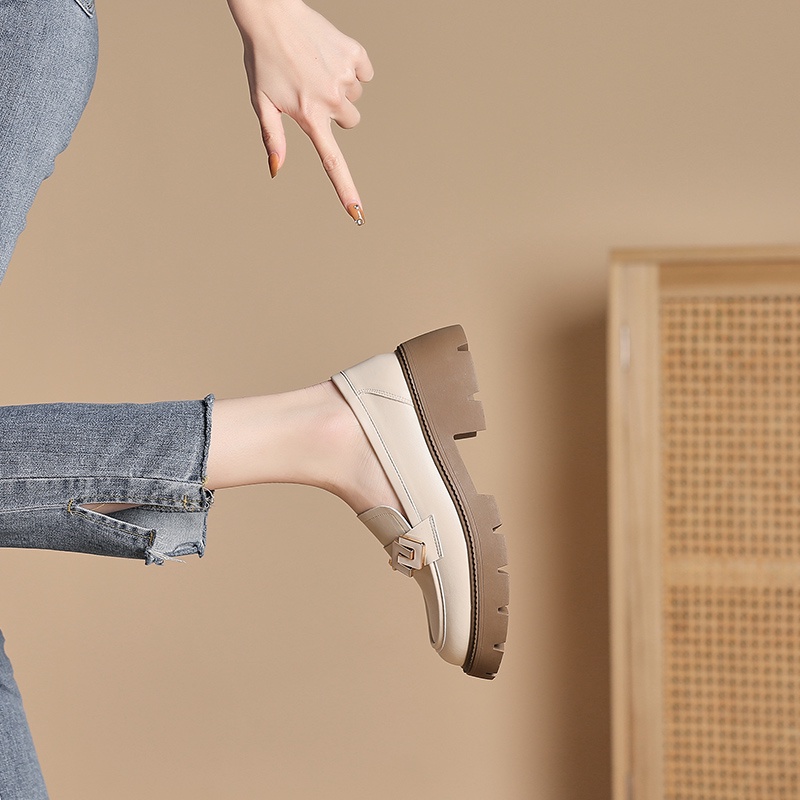 New Round Toe Thick Sole Loafers Women's Fashion Casual Small Leather ...