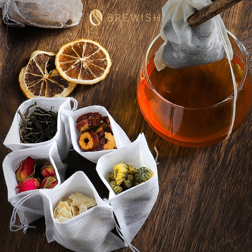 BREWISH 50pcs Tea Bag Filter FOOD GRADE Drawstring Filter Bag Pouch Tea ...