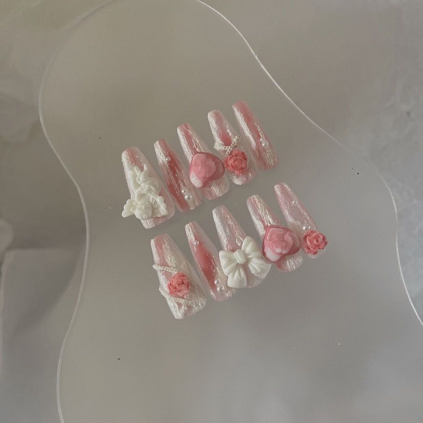 Fake Nails Nail Patch Lock Love Angel Baroque Nail Wear Nail Pink Long ...