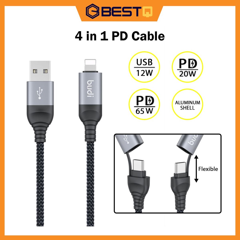 Budi 4 in 1 Multi Function Cable 65W PD USB/ Type-C/ iP Data Cables 1 Meter Fast Charging Cable ...