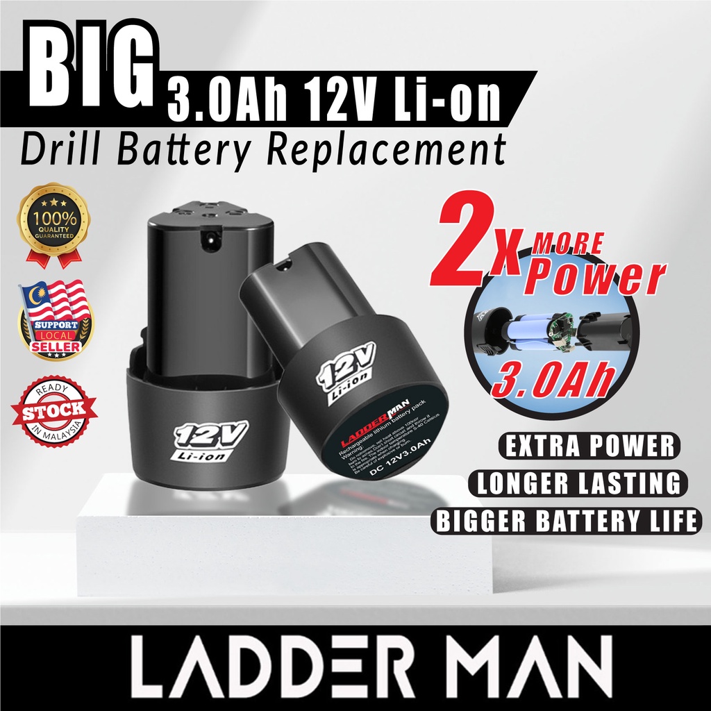 LADDERMAN BIG 3.0Ah 12V LI-ION Drill Battery Replacement Rechargeable ...