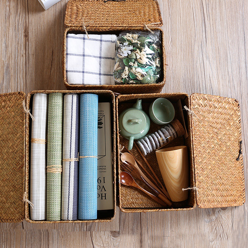 Retro Handmade Straw Storage Box Rattan Storage Basket Woven Storage ...