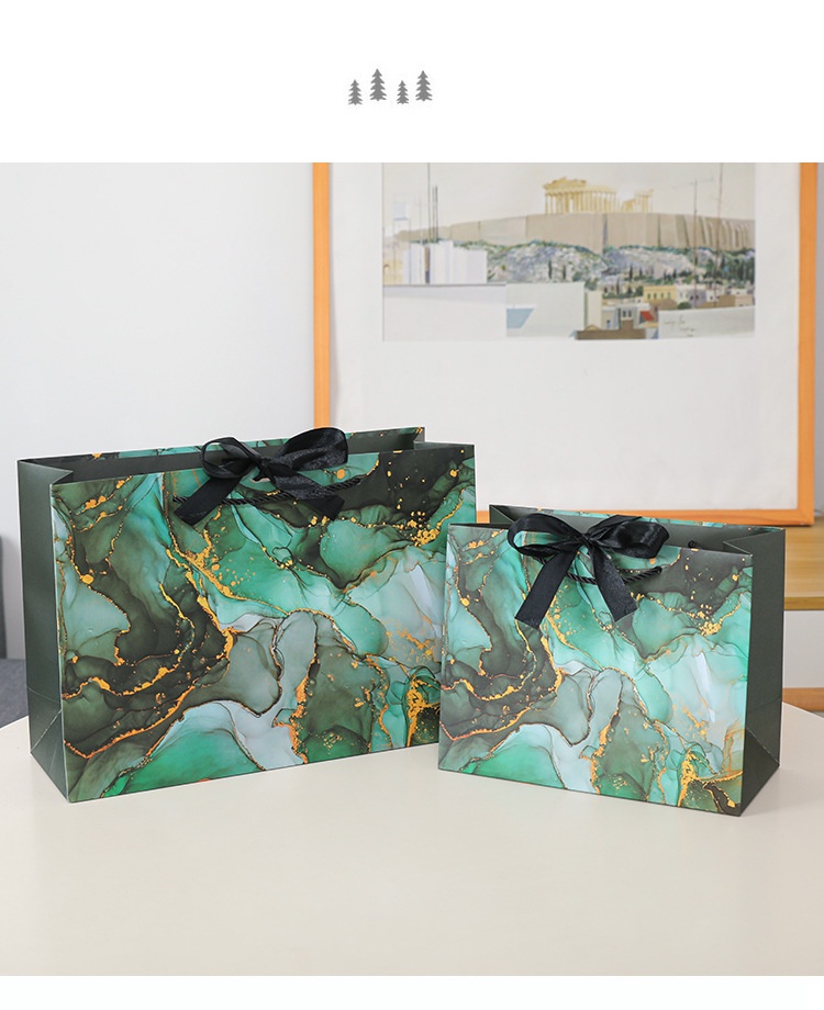 Paper Bag Gift Bag Green Marble Ins Style Tote Bag with Ribbon for ...