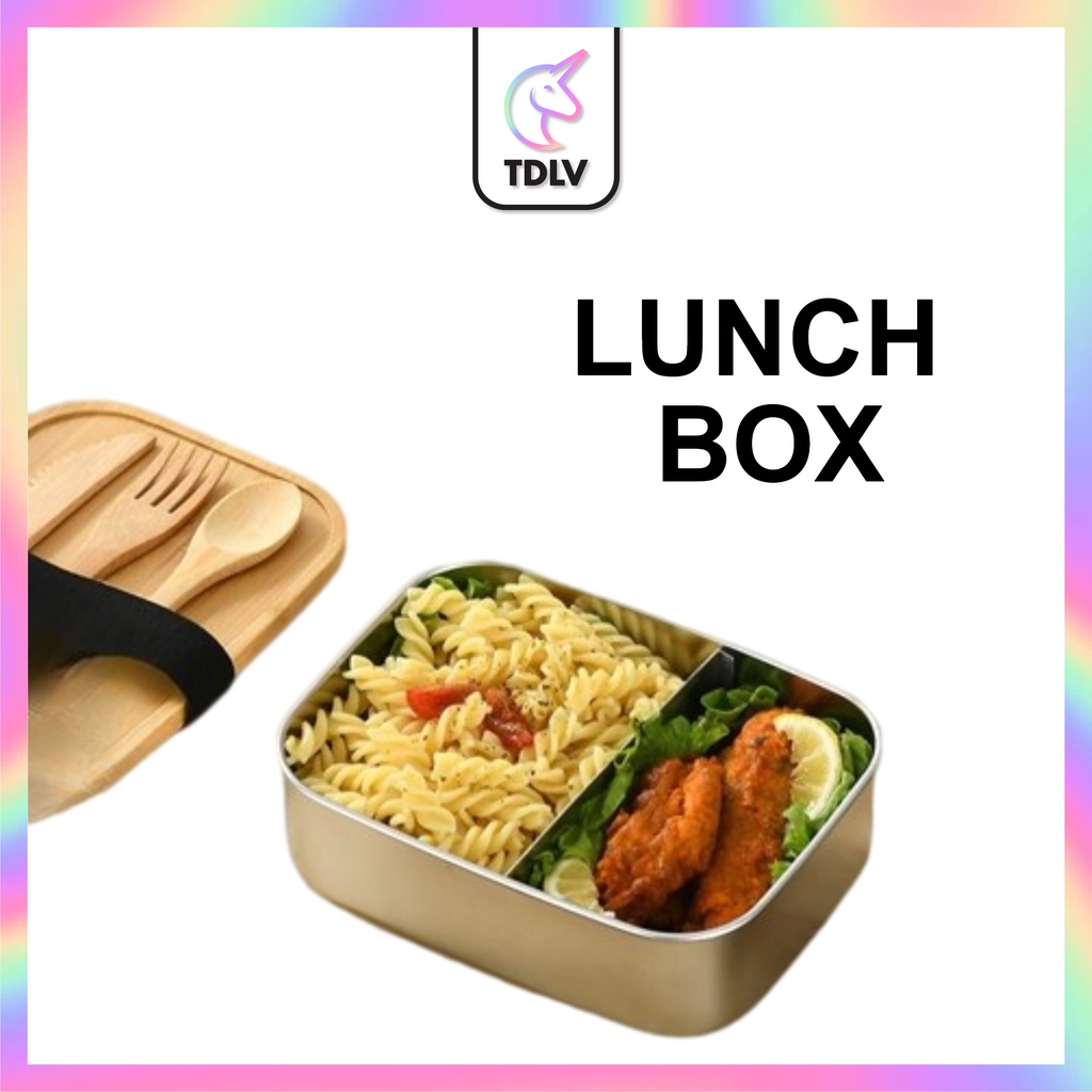 TDLV Muji style bamboo wood cover stainless steel square student lunch ...