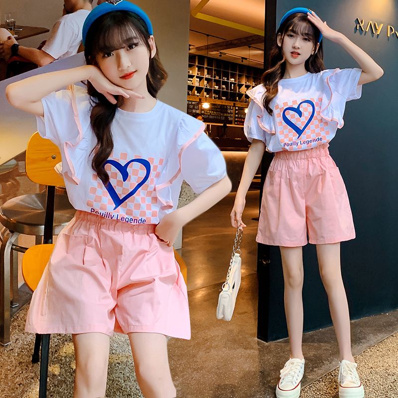 Summer New Girls Set Teenager Girl Short Sleeves T-Shirt + Shorts 2PCS ...