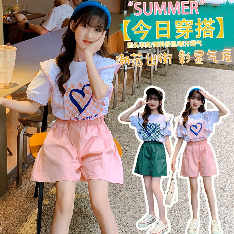 Summer New Girls Set Teenager Girl Short Sleeves T-Shirt + Shorts 2PCS ...