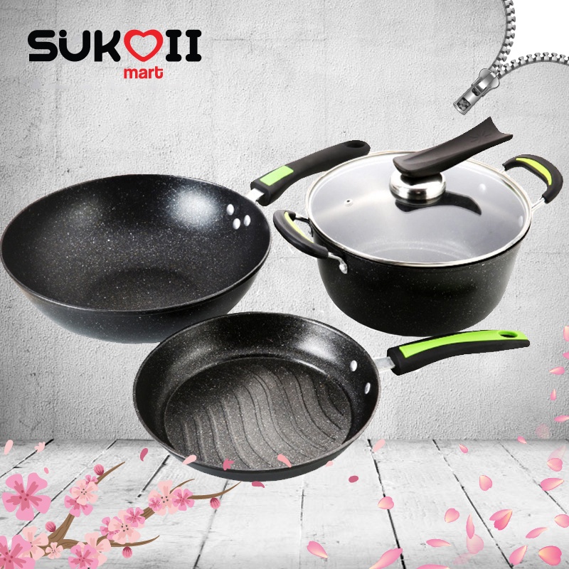 SKOI 4-in-1 Romani Medical Stone Cookware Soup Pot Wok Frying Pan With ...