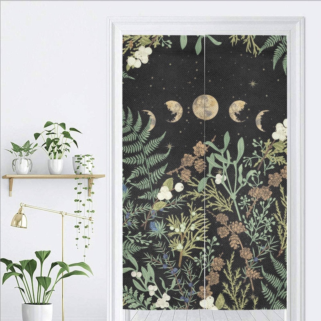 Dark Cottagecore Noren curtain, Witchy Pine Forest Moon door curtain ...