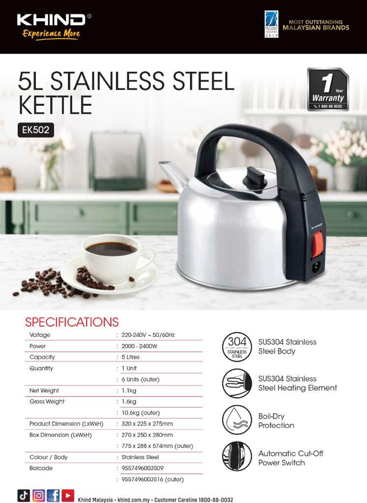 Khind Stainless Steel Electric Kettle 2400W 5L Cerek Elektrik Besar ...