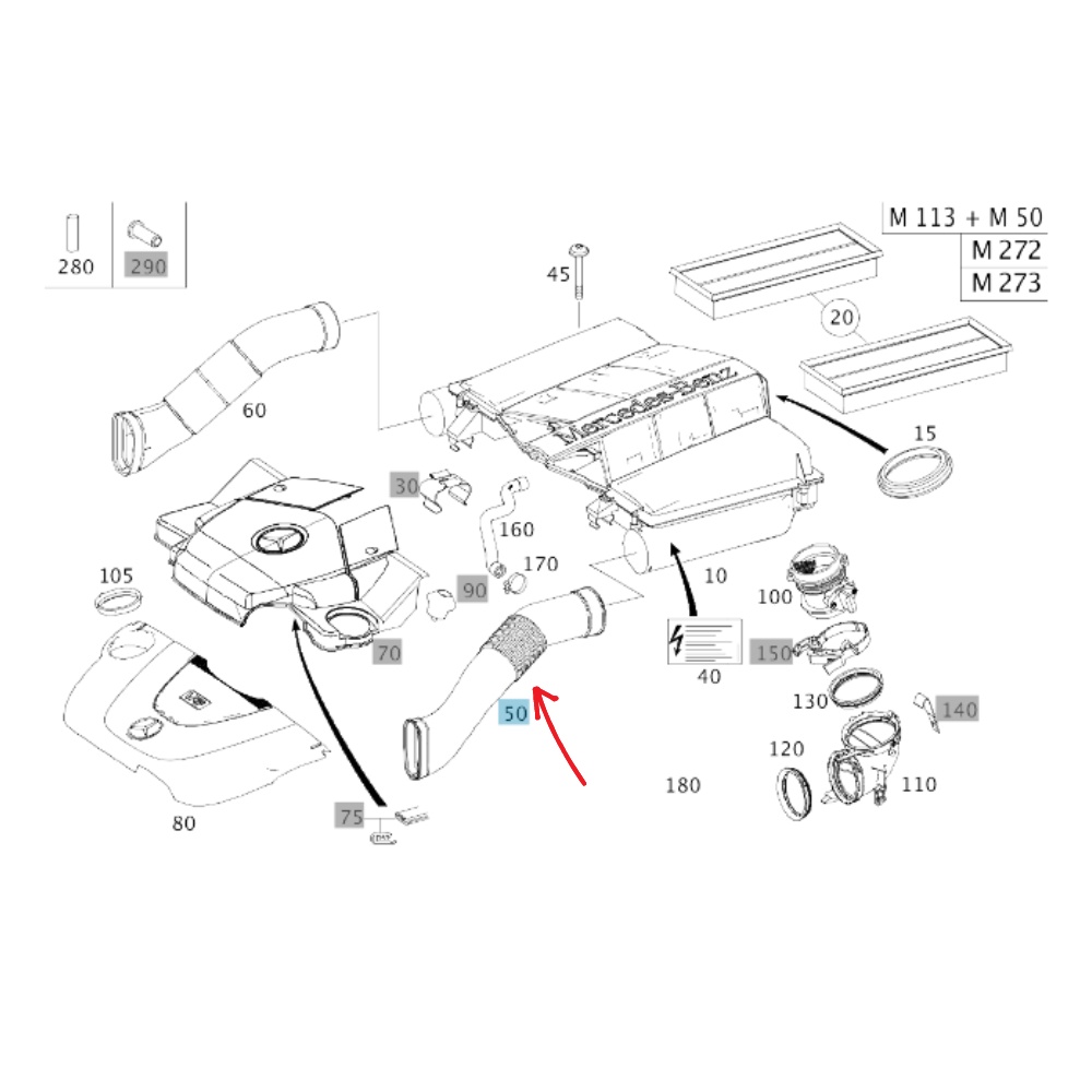 Original Mercedes Benz AIR CLEANER INT HOSE L/H W219-M272 2720900182 ...