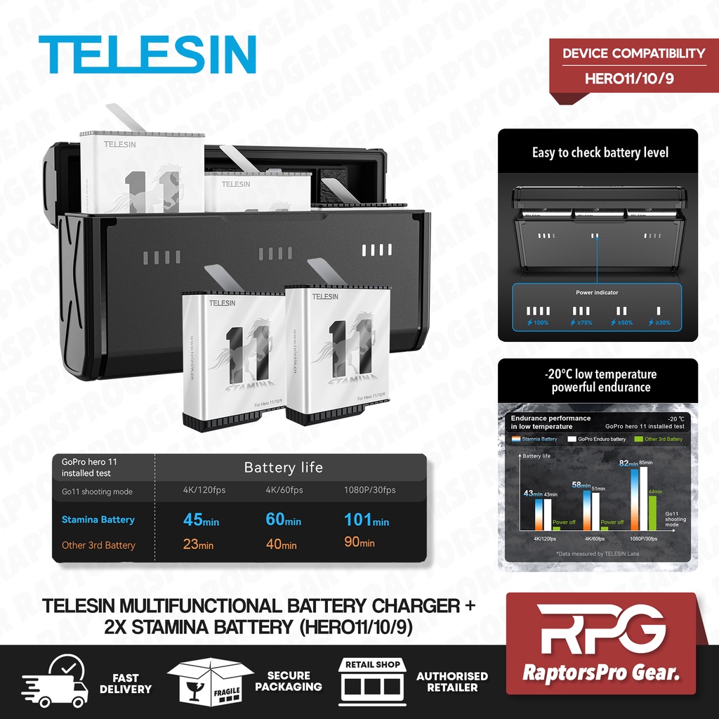 TELESIN Multifunctional Battery Charger + 2x Performance Enduro Stamina ...