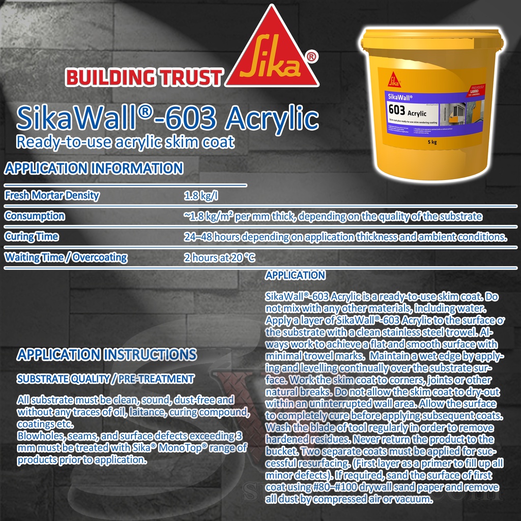 SIKA 5Kg SikaWall - 603 Acrylic Ready-to-use acrylic skim coat Sika ...