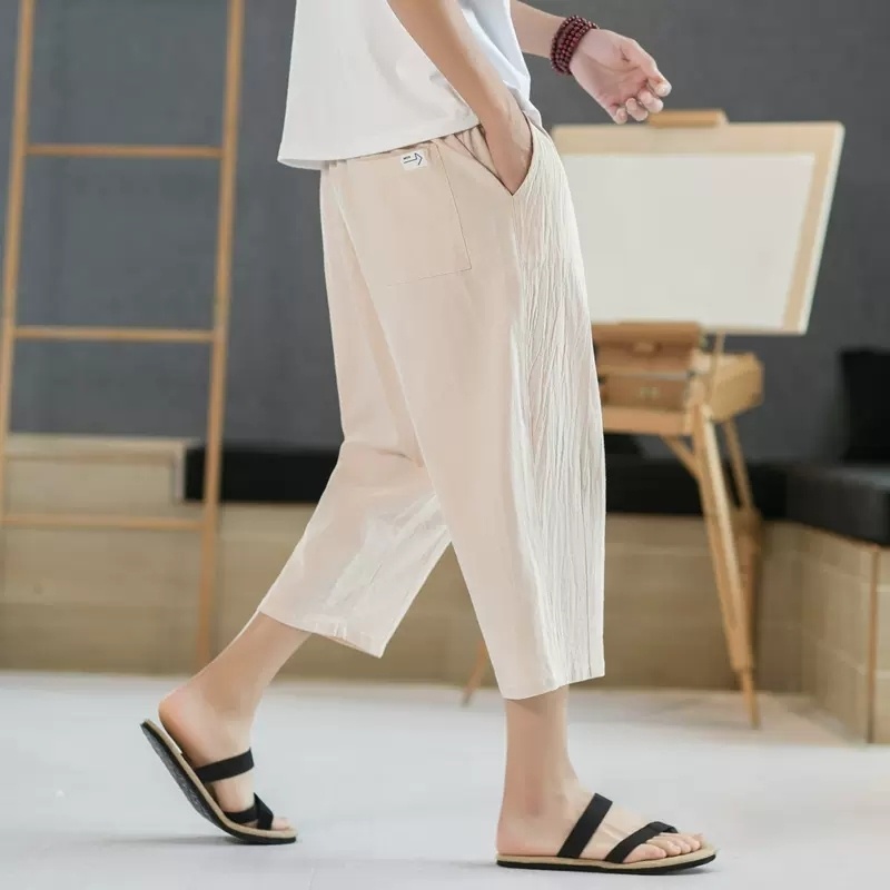 Cotton Linen 3 4 Pants Men Summer Loose Straight Cut Plus Size Sports ...