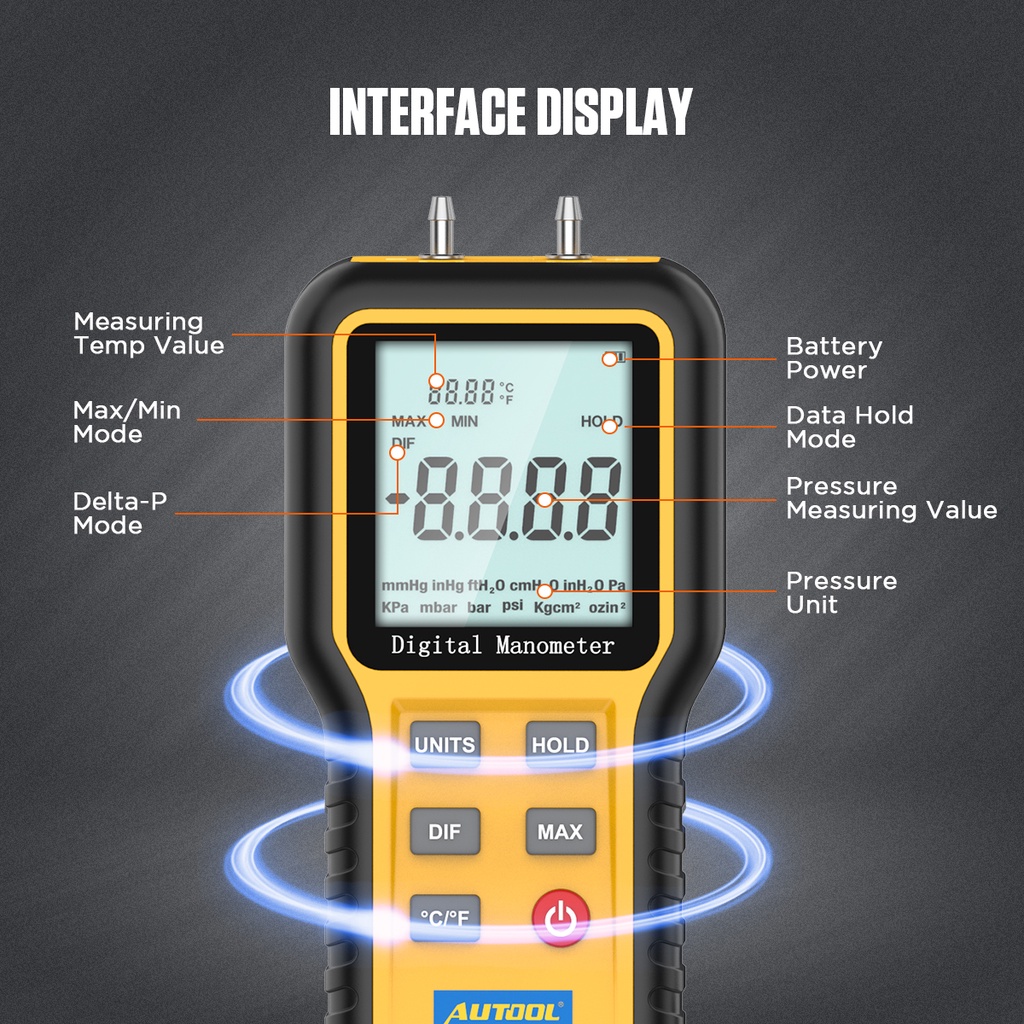 AUTOOL Digital Differential Manometer Hand-held Air Pressure Gauge ...