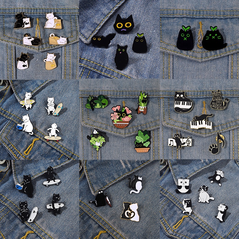 Funny Cartoon Dog Cat Enamel Pins Kitten Catch Fish Plant Cat Alloy ...