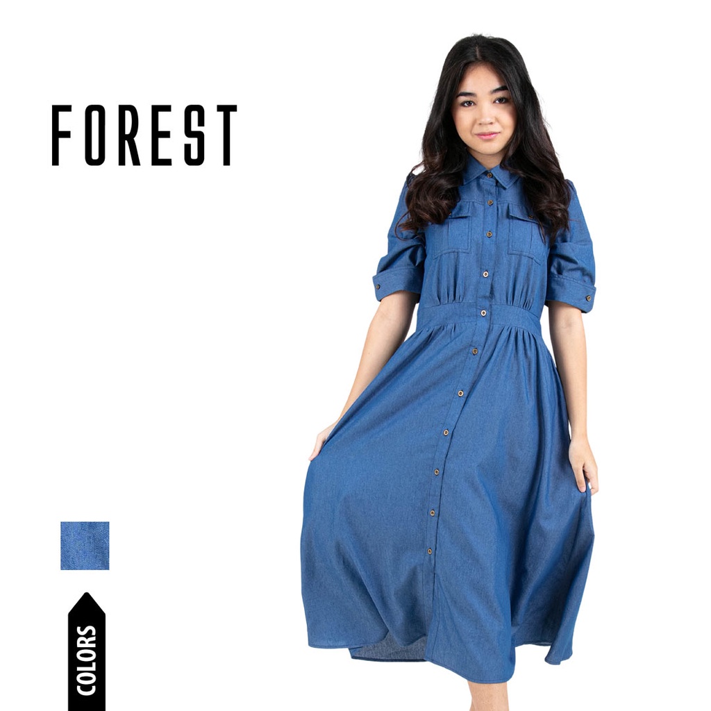 Forest Baju Perempuan | Forest Ladies Chambray Short Sleeve Midi Shirt ...