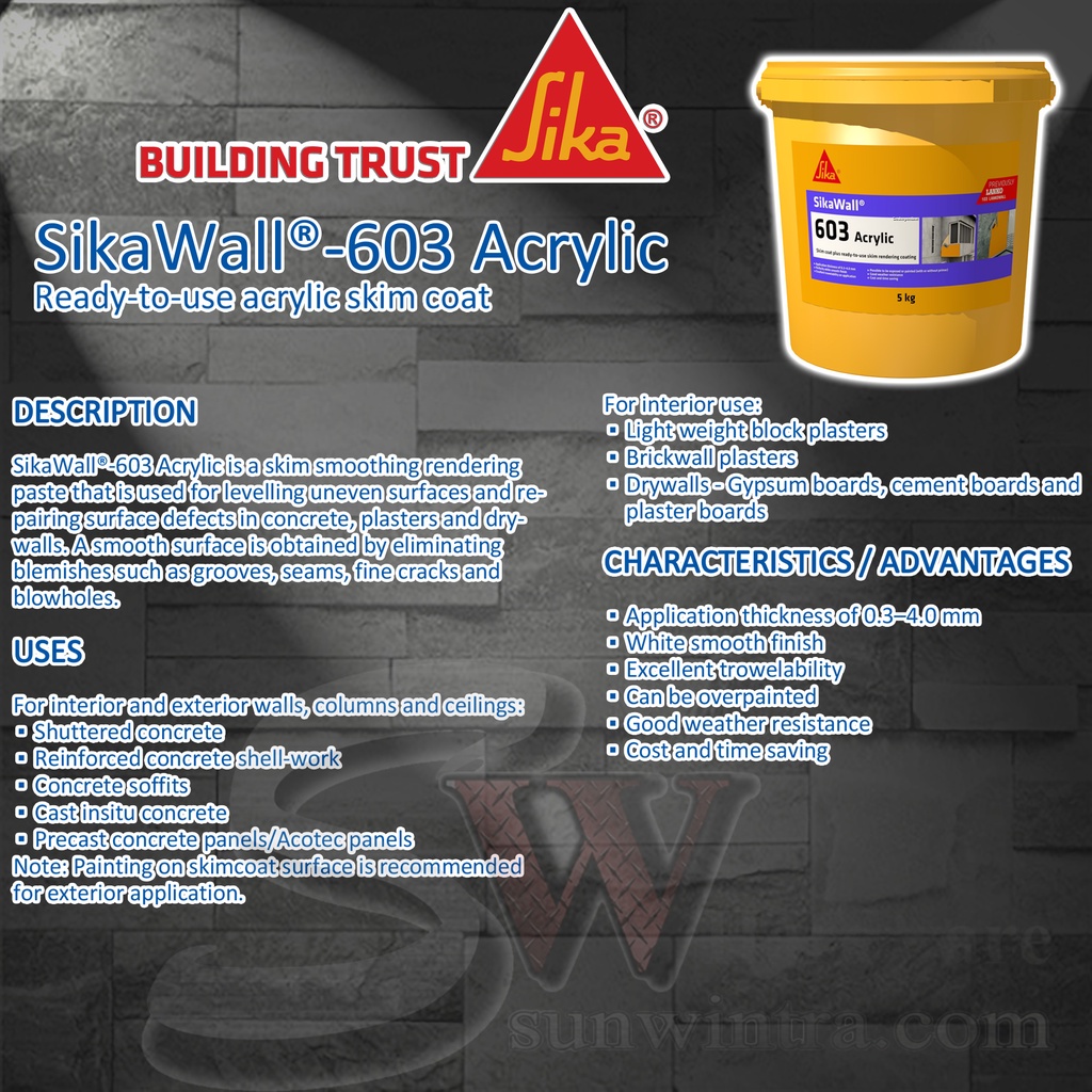 SIKA 25Kg SikaWall - 603 Acrylic Ready-to-use acrylic skim coat Sika ...
