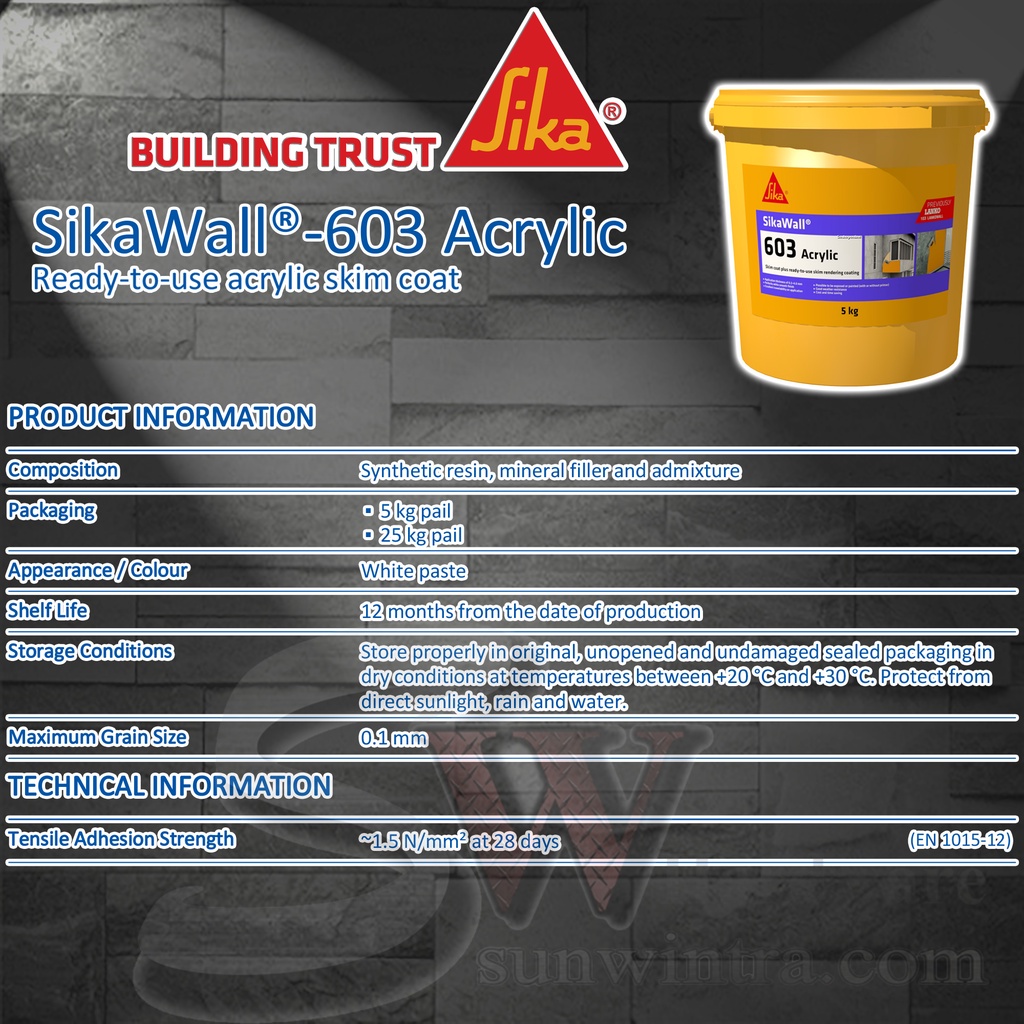 SIKA 5Kg SikaWall - 603 Acrylic Ready-to-use acrylic skim coat Sika ...