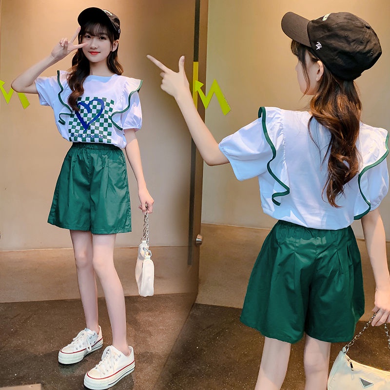 Summer New Girls Set Teenager Girl Short Sleeves T-Shirt + Shorts 2PCS ...