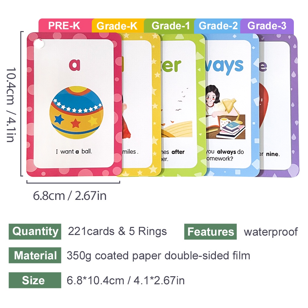 220 Cards Sight Words Flashcards with Pictures&Sentences 5 Levels High ...