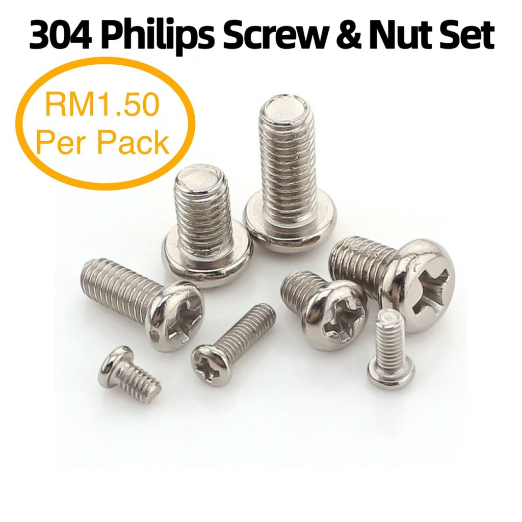 🔥RM1.50🔥 Per Pack Phillips Round Screw & Nut Set 304 Stainless Steel M2 ...
