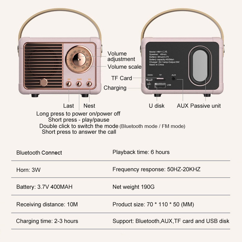 Retro Bluetooth Speaker Classical Subwoofer Speakers FM Radio Mini ...