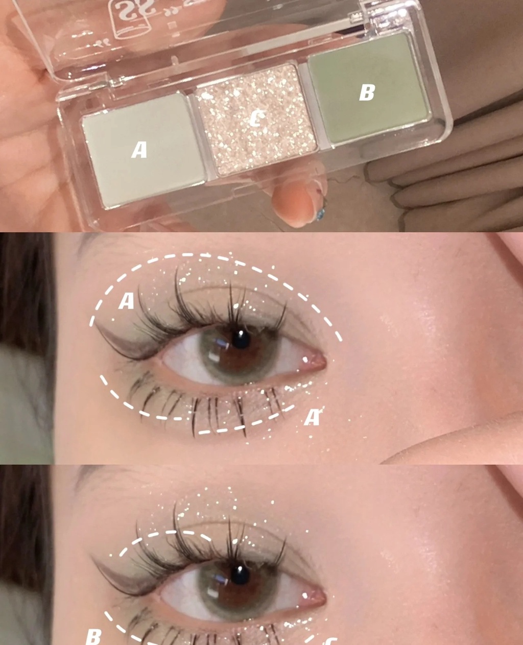 Tri-color pearl sparkle eyeshadow palette matte rose dark gray green ...