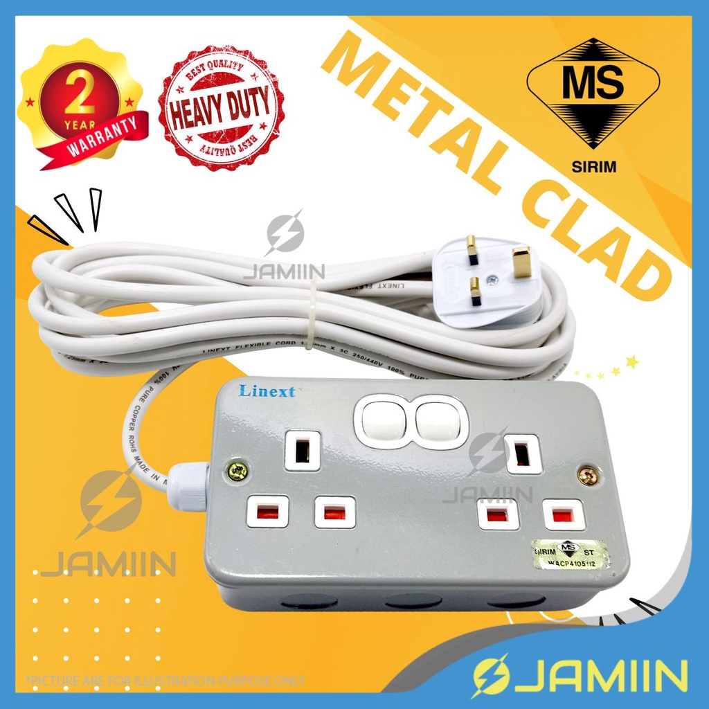 [3M /5M /10M] 2WAY x 13amp Metal Clad Heavy Duty Portable Socket Extension Trailing Socket Metal ...