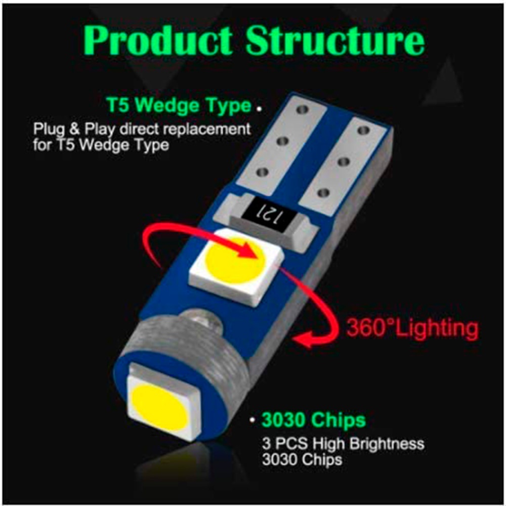 10Pcs T5 W3W, W1, 2W, 3030 Car LED Light Bulb Dashboard, LED Lamp ...