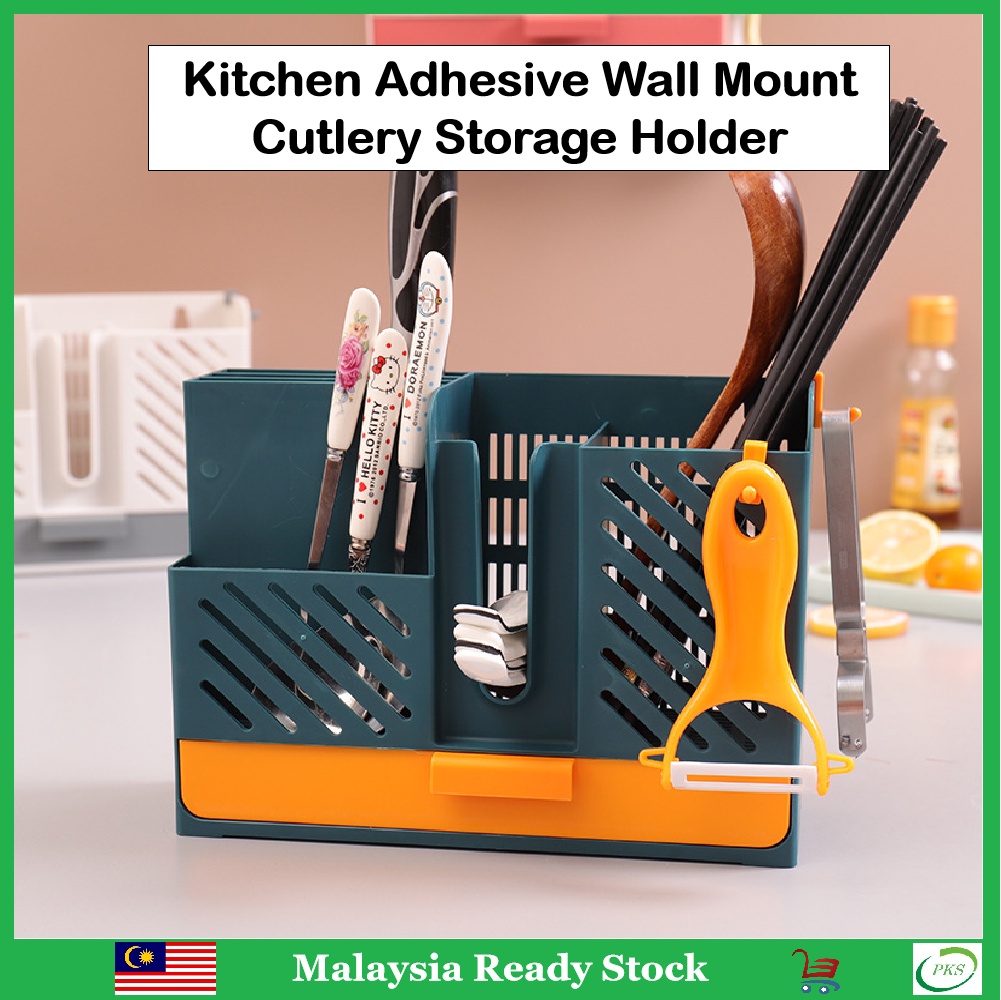 Adhesive Wall Mount Cutlery Hanging Storage Organizer Drain Chopstick ...