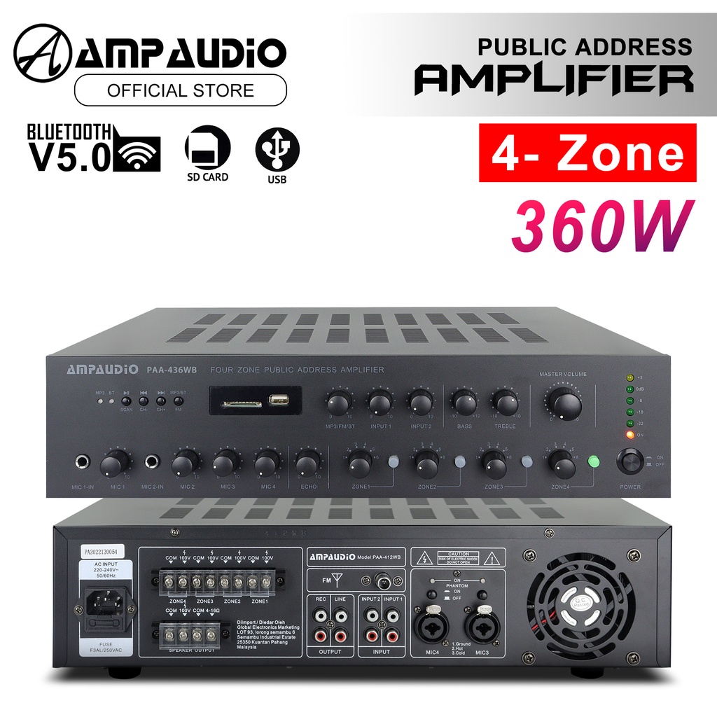 AmpAudio 360W Public Address Amplifier 4-Zone Selector With Bluetooth USB Amplifier | Shopee ...