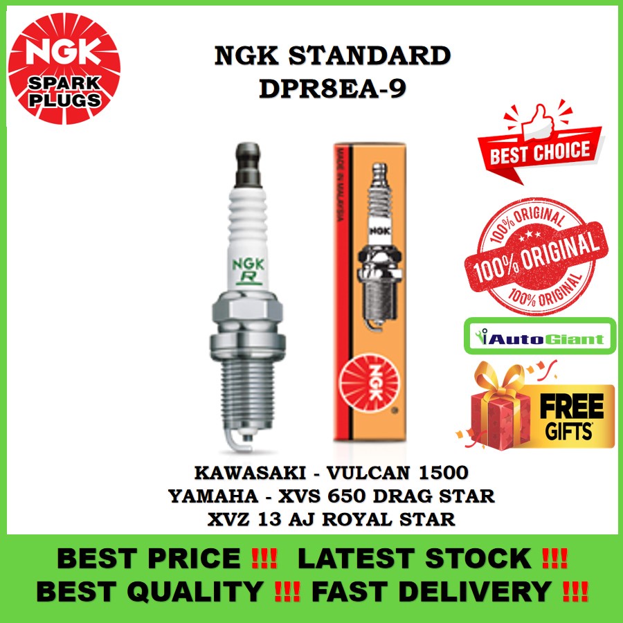 NGK SPARK PLUG DPR8EA-9 , (1PC) BOX, KAWASAKI- VULCAN 1500, YAMAHA - XVS 650 DRAG STAR, XVZ 13 ...