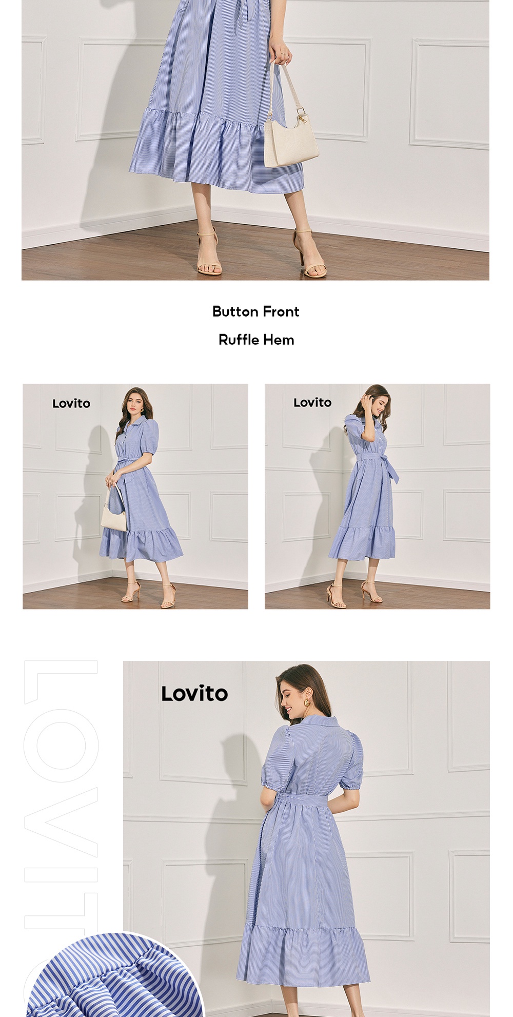 Lovito Casual Striped Button Front Ruffle Hem Lace Up Puff Sleeve Dress ...