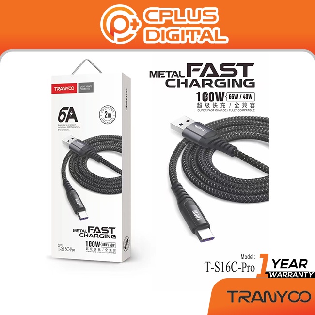 Tranyoo S16C Pro USB to 6A 100W Type-C Fast Charging Break-Proof Metal Braided Data Cables - 2 ...