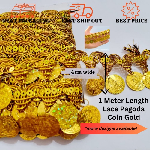 [1meter] Lace Gold 4cm Pagoda Coin | Renda Emas | Baju Tradisional ...