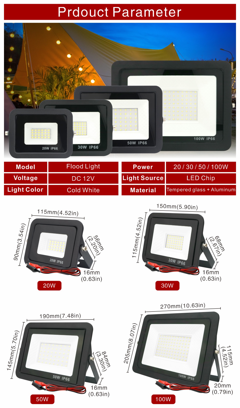Got Liang DC12V Led Flood Light 20W 30W 50W 100W Outdoor Floodlight Spotlight IP66 Waterproof ...